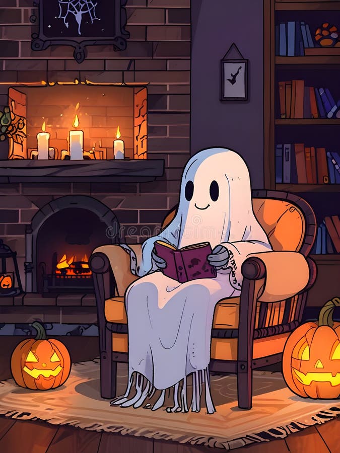Kawaii Illustration Ghost Sitting in a Room with Fireplace Stock ...