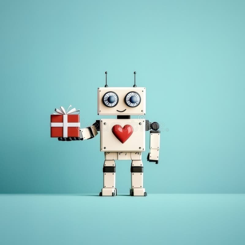 Kawaii Robot Holding Heart Shaped Gift Box, Expressing Joy and Love ...