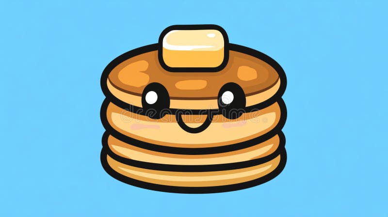 Kawaii Smiling Pancakes with Butter and Syrup on Blue Background Stock ...