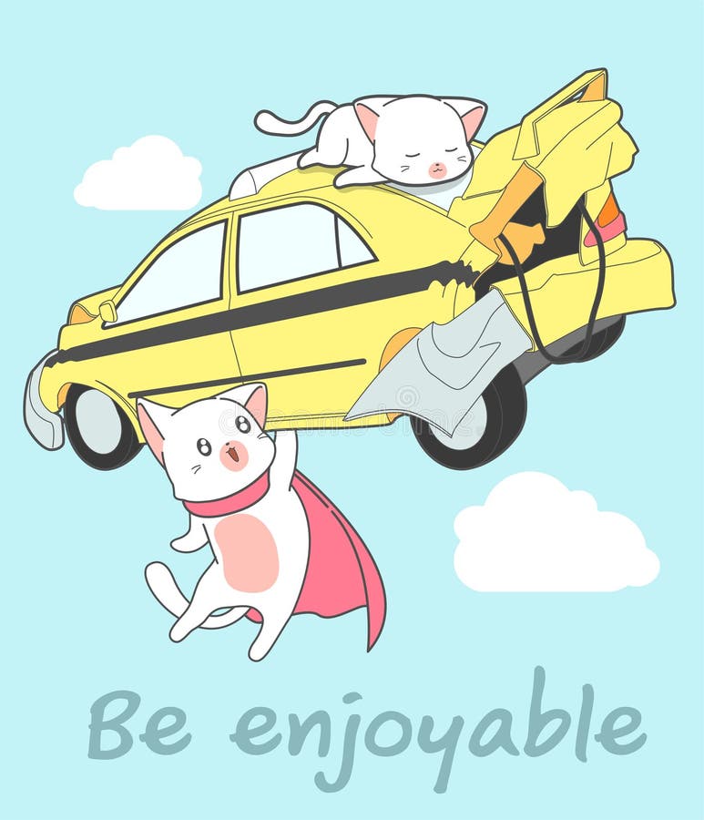 Kawaii Super Cat is Lifting the Car in Cartoon Style Stock Vector ...