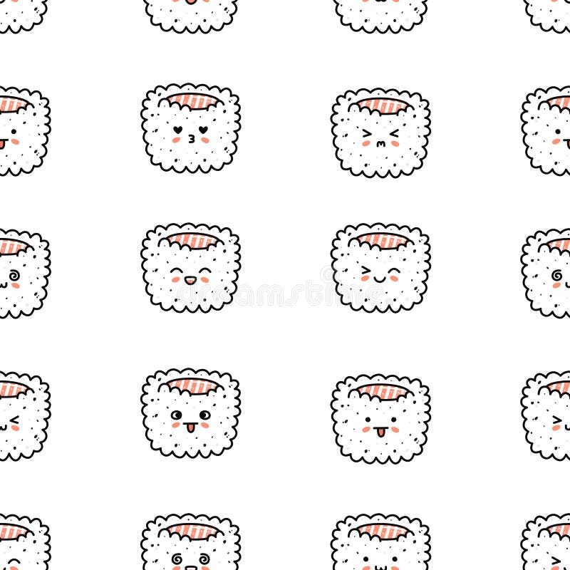 Kawaii Sushi Illustration. Vector Flat Hand Drawn Seamless Pattern ...