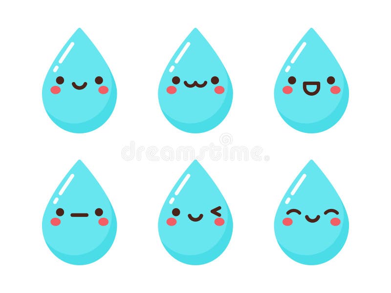 Kawaii Water Drop Character Set. Cute Collection with Different ...