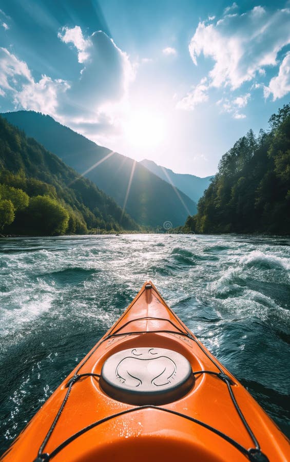 Kayak Adventure on Flowing River with Mountain Landscape Background ...