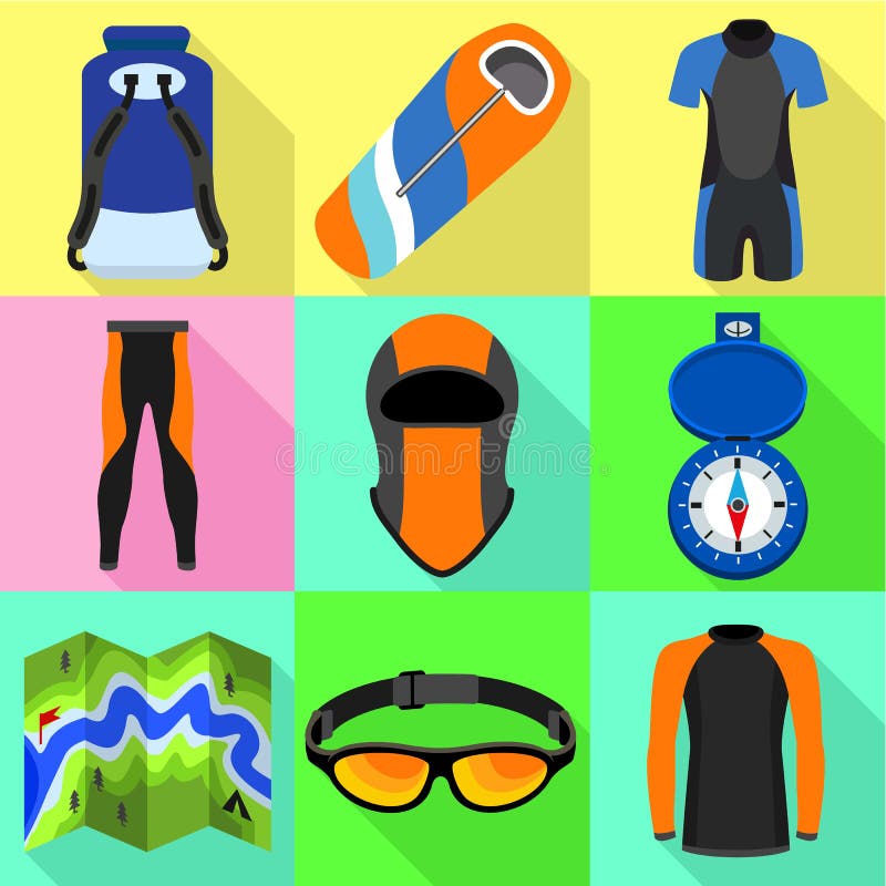 Kayak Equipment Icon Set, Flat Style Stock Vector - Illustration of ...