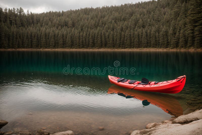 A Kayak Left Upside Down on the Shore of a Quiet Lake Stock ...