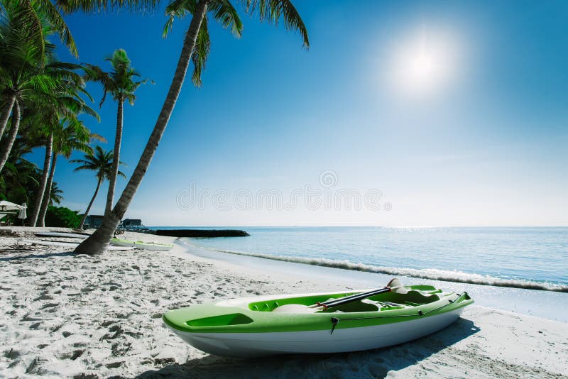 Kayak on Sand Beach at Ocean Coast Stock Image - Image of landscape ...