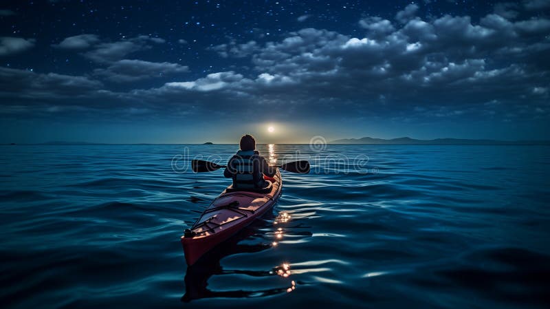 A Kayaker Paddling in the Open Ocean at Night Stock Image - Image of ...