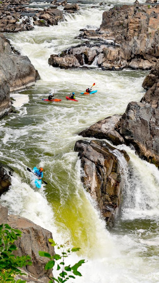 Kayakers on the Potomac River Going Over a Waterfall Stock Image ...