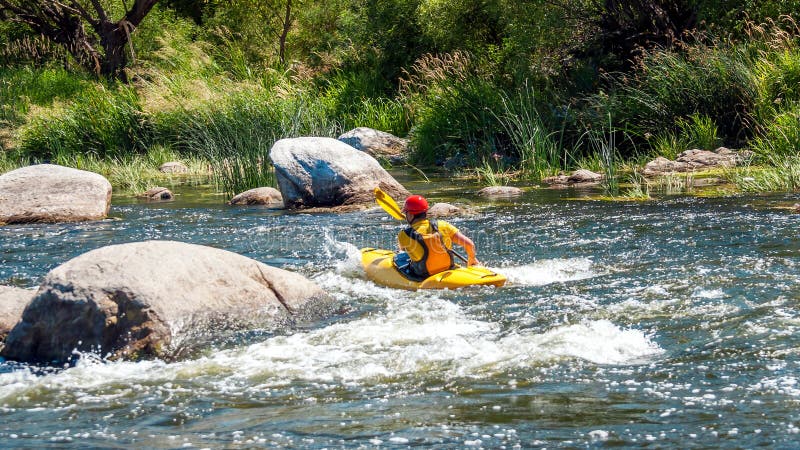 Kayaking Along the Rough River Rapids. Training Athlete. Stock Image ...