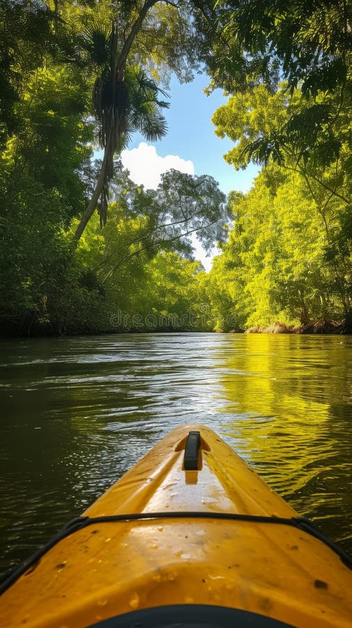 Kayaking on a Calm River through a Lush Green Forest, Adventure Concept ...