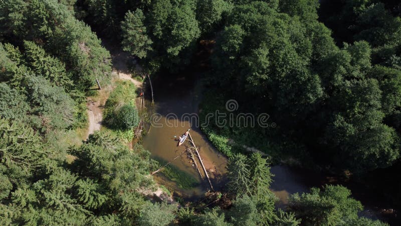 Kayaking on the Forest River with Obstacles Aerial Top Down View Stock ...