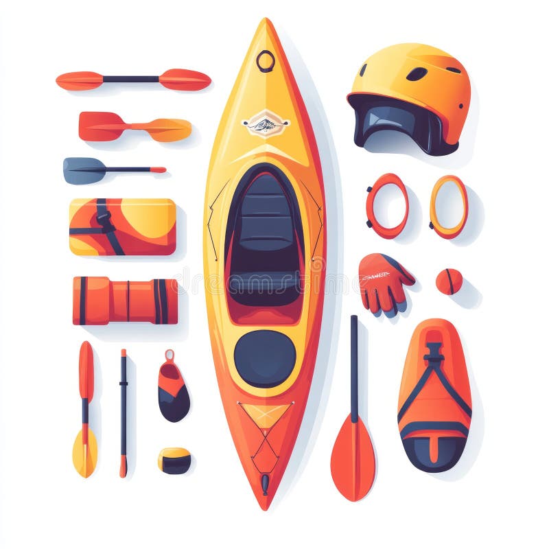 Kayaking Gear Illustration, Top View of Kayak with Paddles, Helmet ...