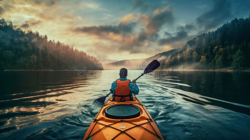 Kayaking on a Lake Outdoors Back View. Generative AI Stock Illustration ...