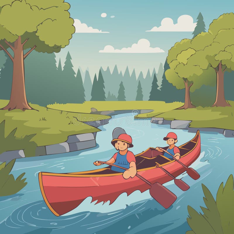 Kayaking on the River in the Forest. Cartoon Vector Illustration Stock ...