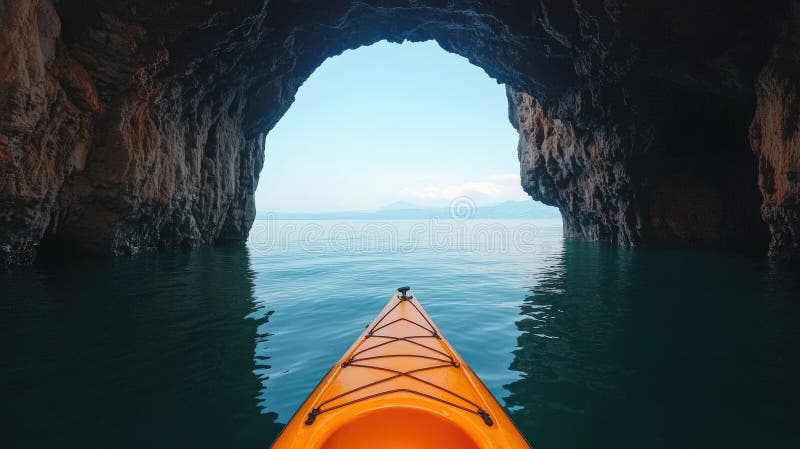 Kayaking through a Sea Cave with a View of the Ocean Beyond. Stock ...