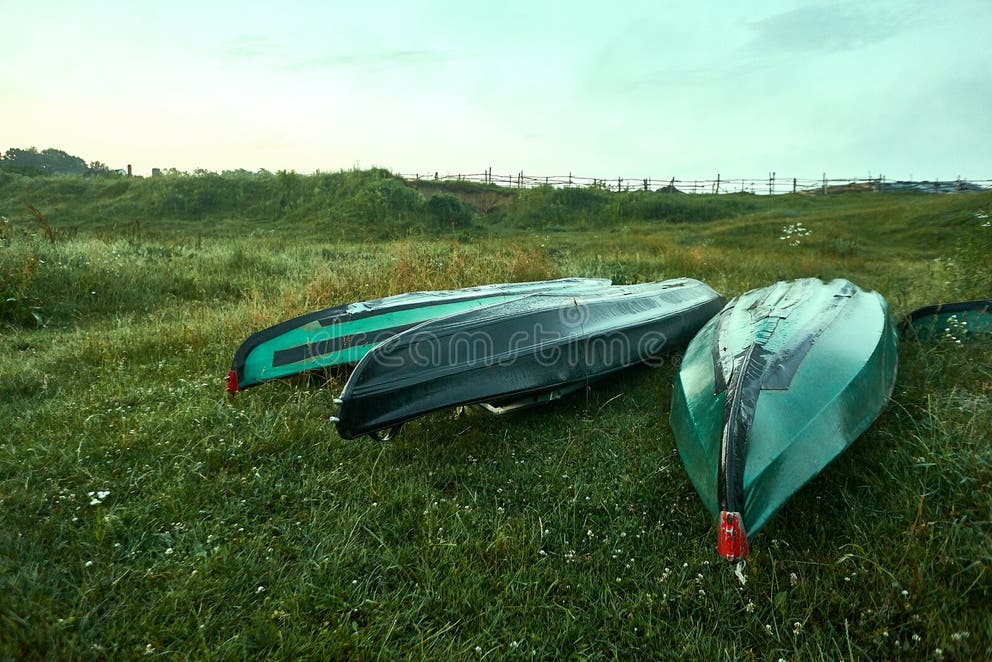 Kayaks Dry on the Grass Near the River. Stock Image - Image of ...