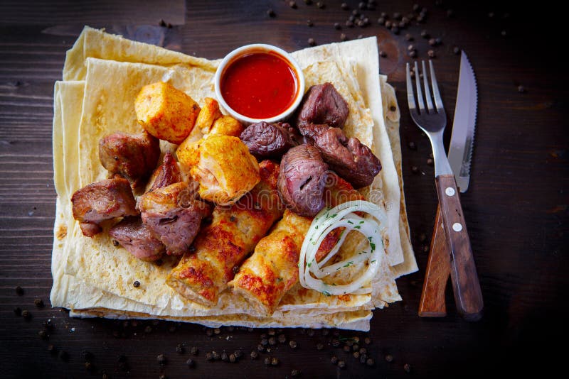 Kebab Assorted Different Varieties of Meat. Grill Dishes Stock Image ...