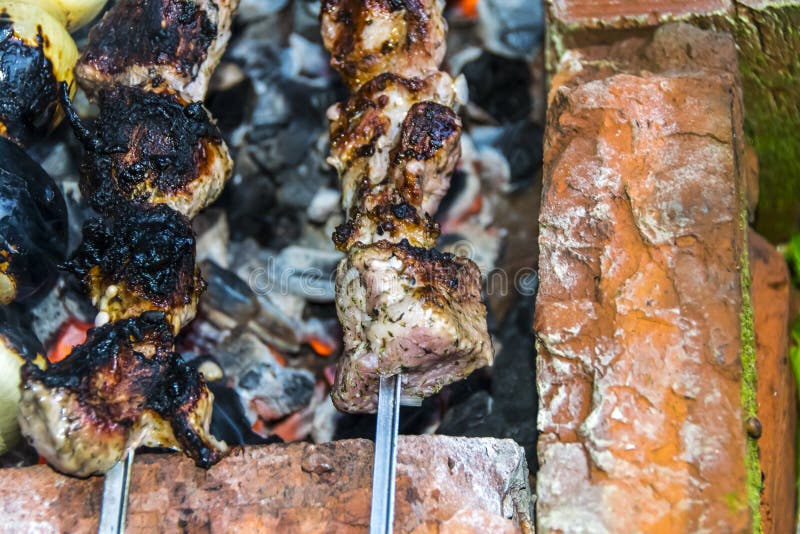 Kebab Barbecue on Skewers Stone Oven Coal Burned Stock Photo - Image of ...