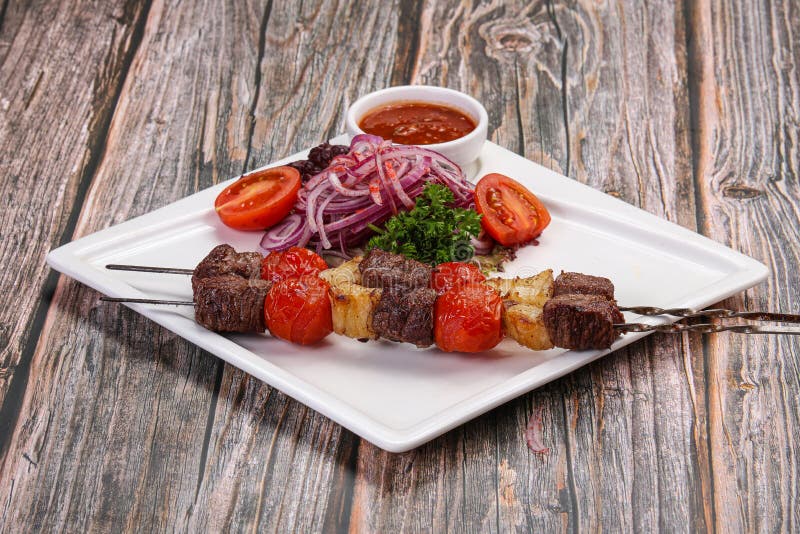 Kebab with beef and tomato stock image. Image of vegetable - 245839081