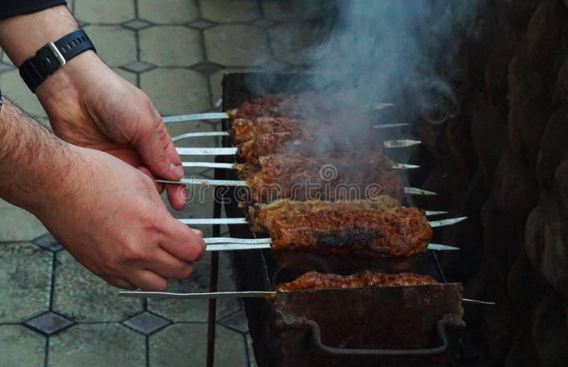 Kebab is Being Cooked on the Fire Stock Image - Image of lamb, barbq ...