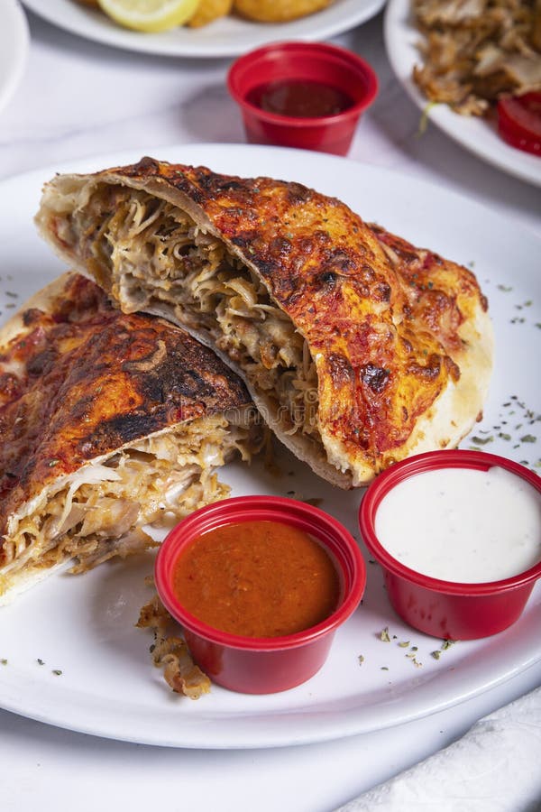 Kebab Calzone with Various Sauces. Fast Food Stock Image - Image of ...
