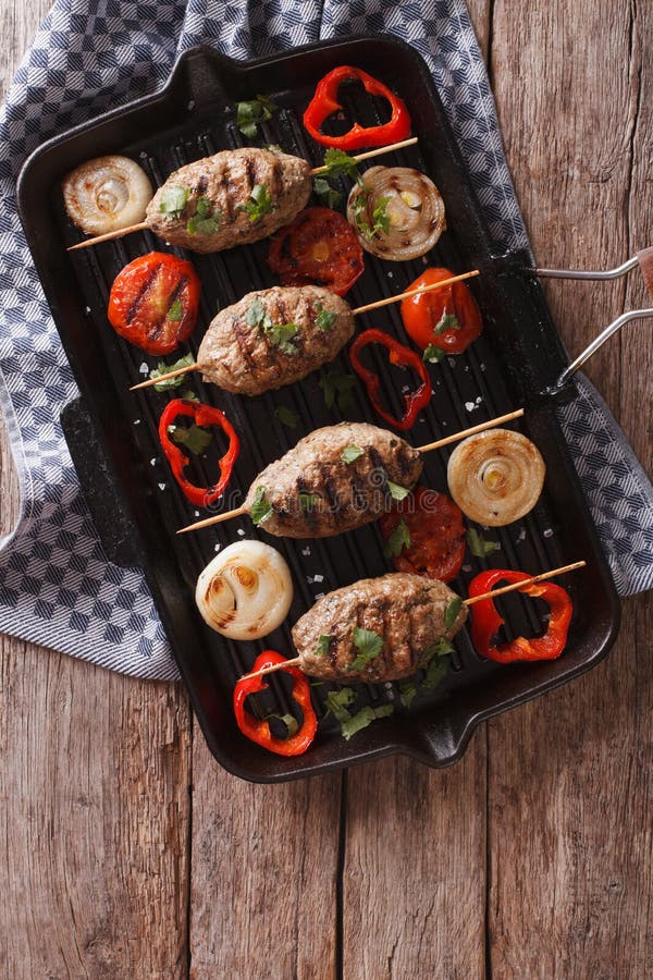 Vertical View Grilled Skewer Barbecue Rustic Wooden Planks Stock Photos ...