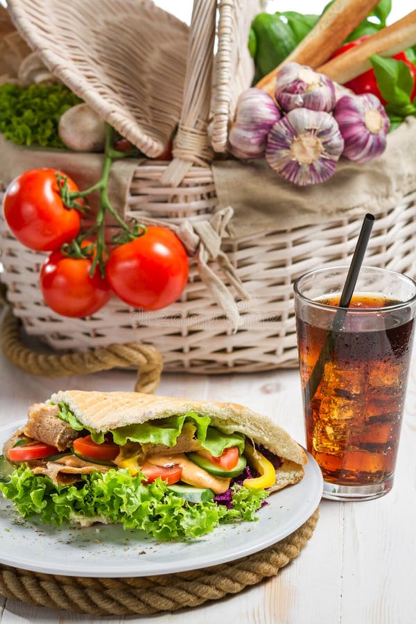 Kebab Made of Vegetables and Chicken Served with Cold Cola Stock Photo ...