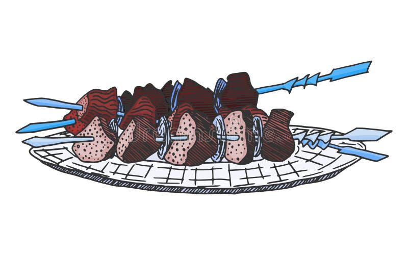 Kebab Meat on a Plate. Doodle Sketch Vector Stock Vector - Illustration ...