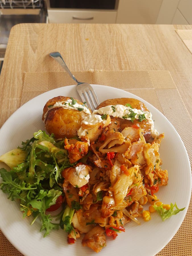 Kebab on a Plate with Baked Potatoes and Sour Soup Stock Photo - Image ...