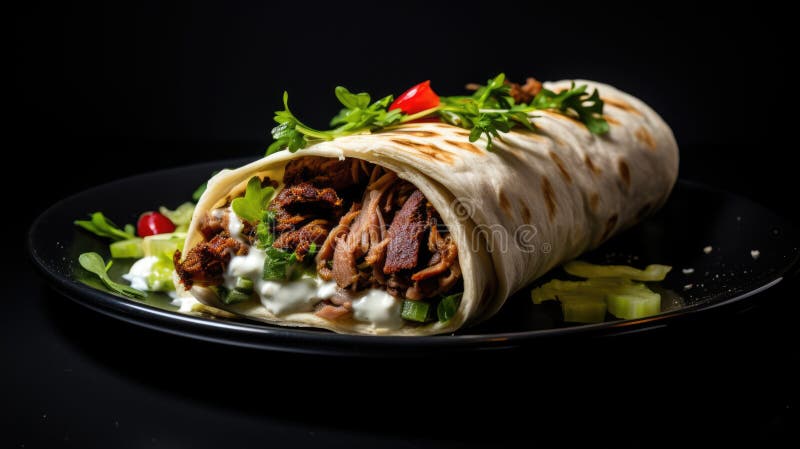 Kebab on the Plate. Shawarma Sandwich, Fresh Chicken Beef Roll. Black ...