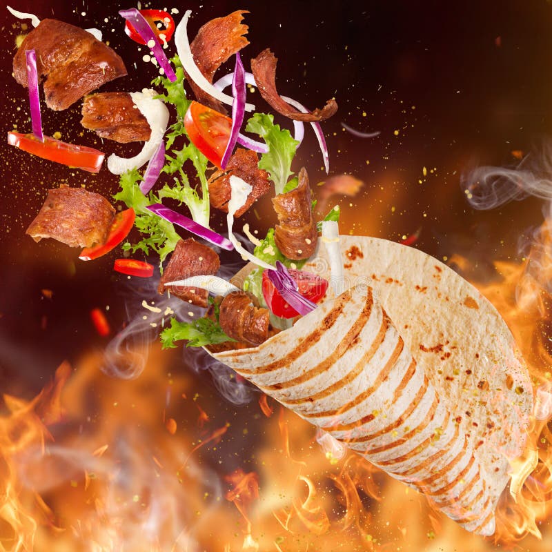 Kebab Sandwich with Flying Ingredients. Stock Photo - Image of meat ...