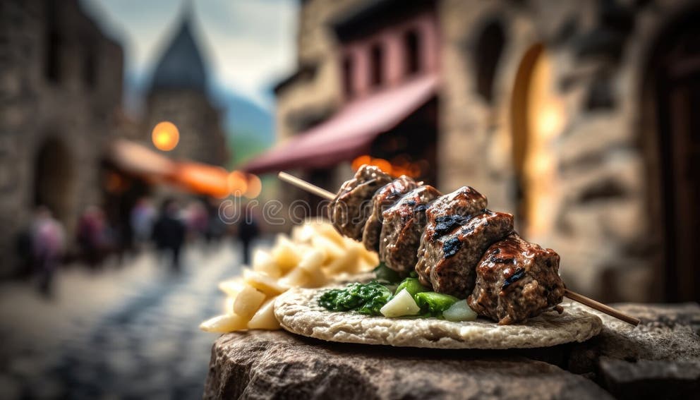 Kebab on Stone, Blurred Background, Rustic Pub. Generative AI Stock ...