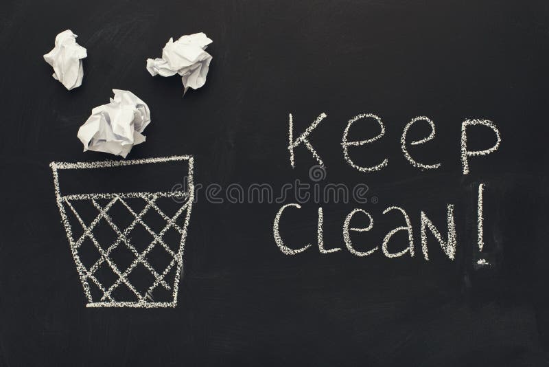 Keep Clean Background. Trash Bin and Papers on Blackboard Stock Photo ...