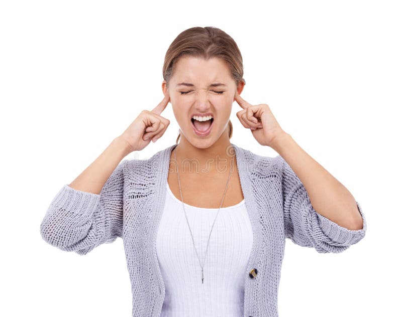 Keep it Down. a Young Woman Blocking Her Ears with an Expression of ...