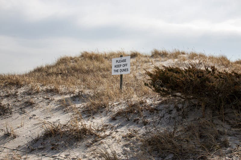 Keep Off the Dunes Sign on a Sand Dune with Grass and Bushes Stock ...