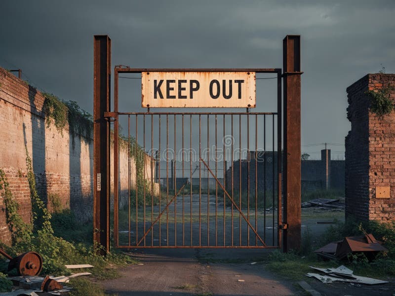 Keep Out Sign on Metal Gate in Abandoned Industrial Area. Stock Photo ...
