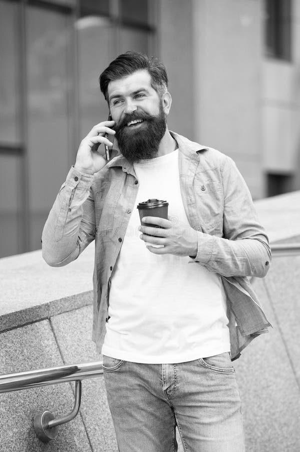 Keep In Touch Man Bearded Walks With Smartphone Urban Background With