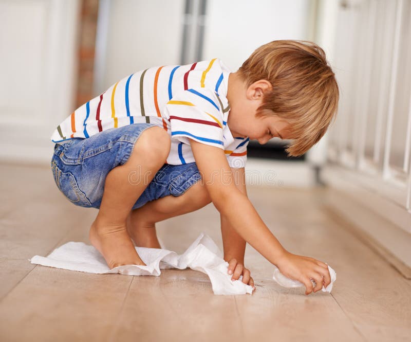 Keeping the House Clean. a Little Boy Playing on the Floor. Stock Photo ...