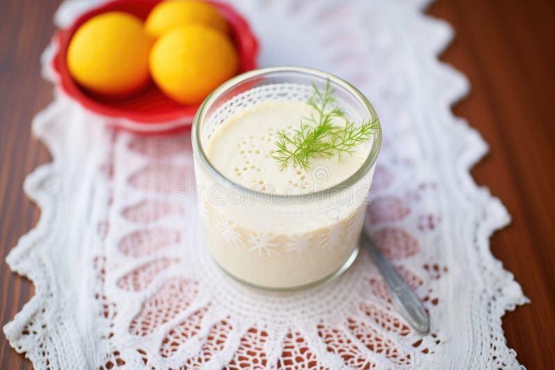 Kefir in a Ceramic Cup with a Crochet Doily Underneath it Stock Image ...