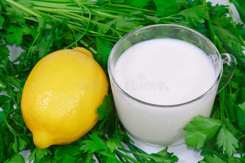 Kefir, Fresh Lemon and Greens Stock Photo - Image of kitchen, crop ...