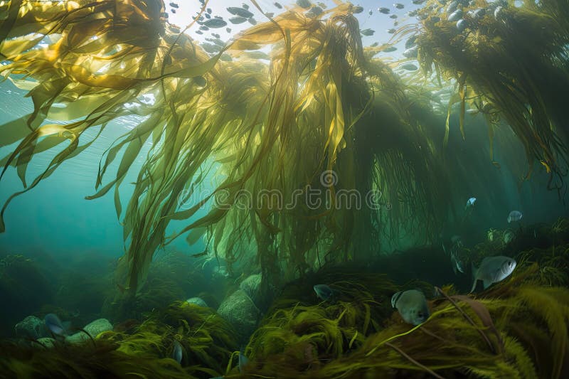 Kelp Forest with Schools of Fish Darting among Kelp Fronds Stock ...