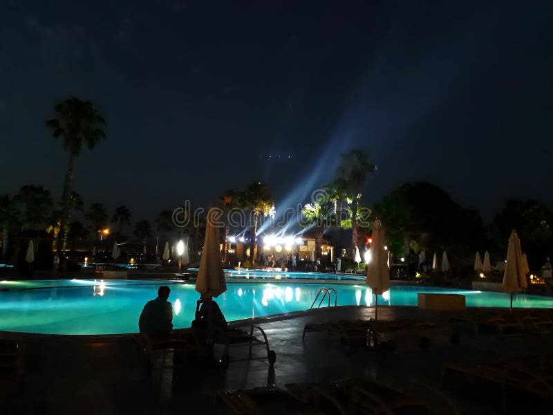 29.06.2021, Kemer, Turkey: Pool and Stage at Resort, Night Scene Stock ...