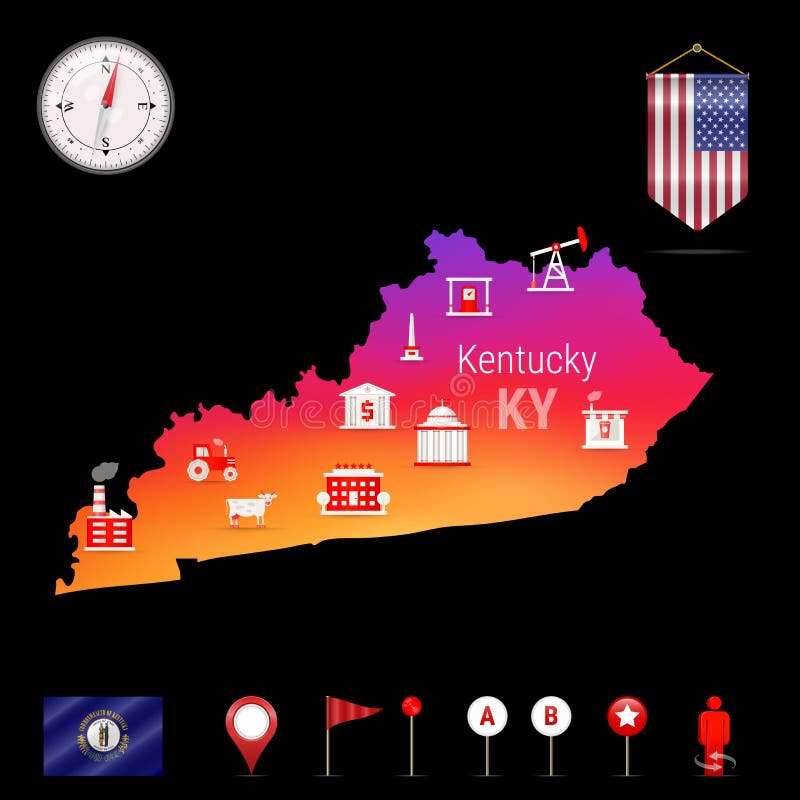 Kentucky Vector Map, Night View. Compass Icon, Map Navigation Elements ...