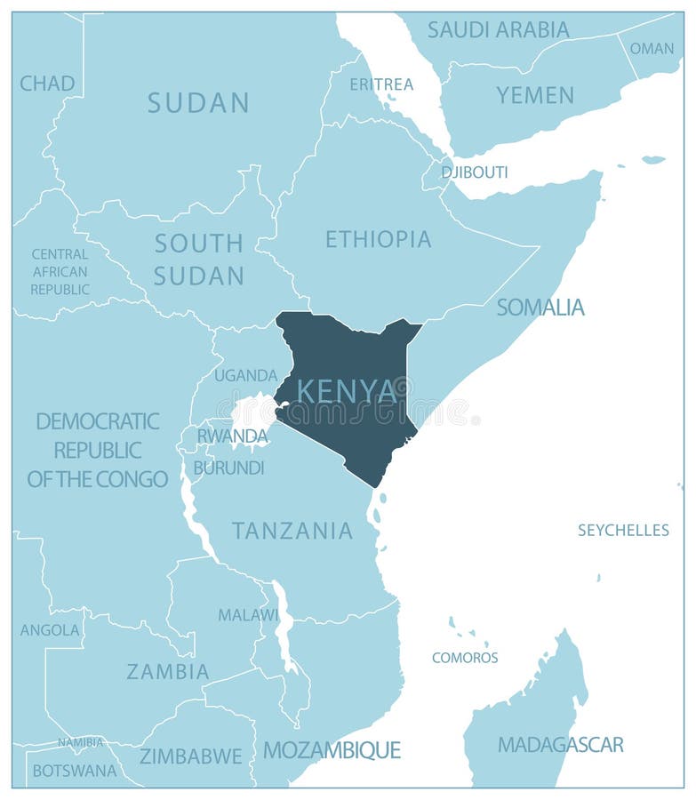 Kenya - Blue Map with Neighboring Countries and Names Stock ...