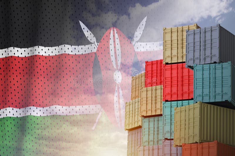 Kenya Flag and Big Stack of Shipping Cargo Containers in Docks with Sky ...