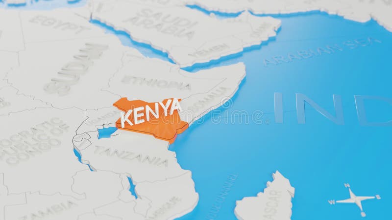 Kenya Highlighted on a White Simplified 3D World Map. Digital 3D Render ...