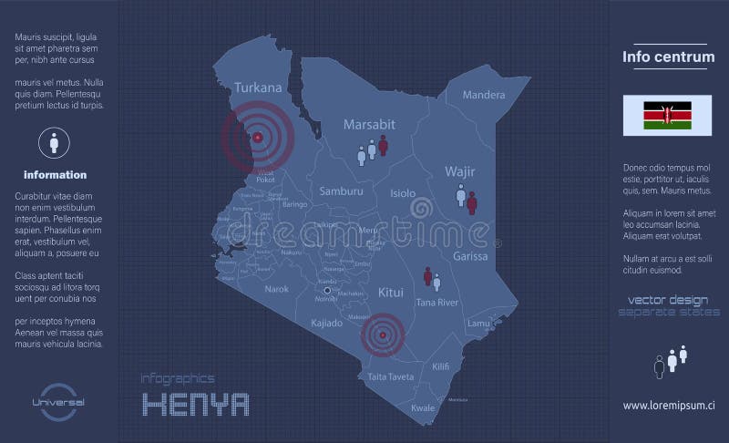Kenya Map, Separate Regions with Names, Infographics Blue Flat Design ...