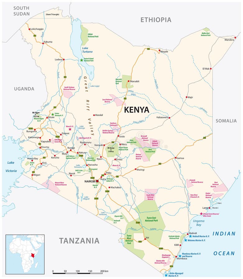 Kenya Road, National Park and National Reserve Map Stock Vector ...