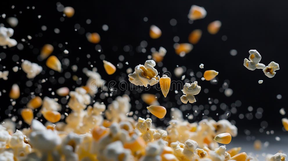 Kernel of Corn Popping into Popcorn Mid-air, Set Against a Simple Black ...