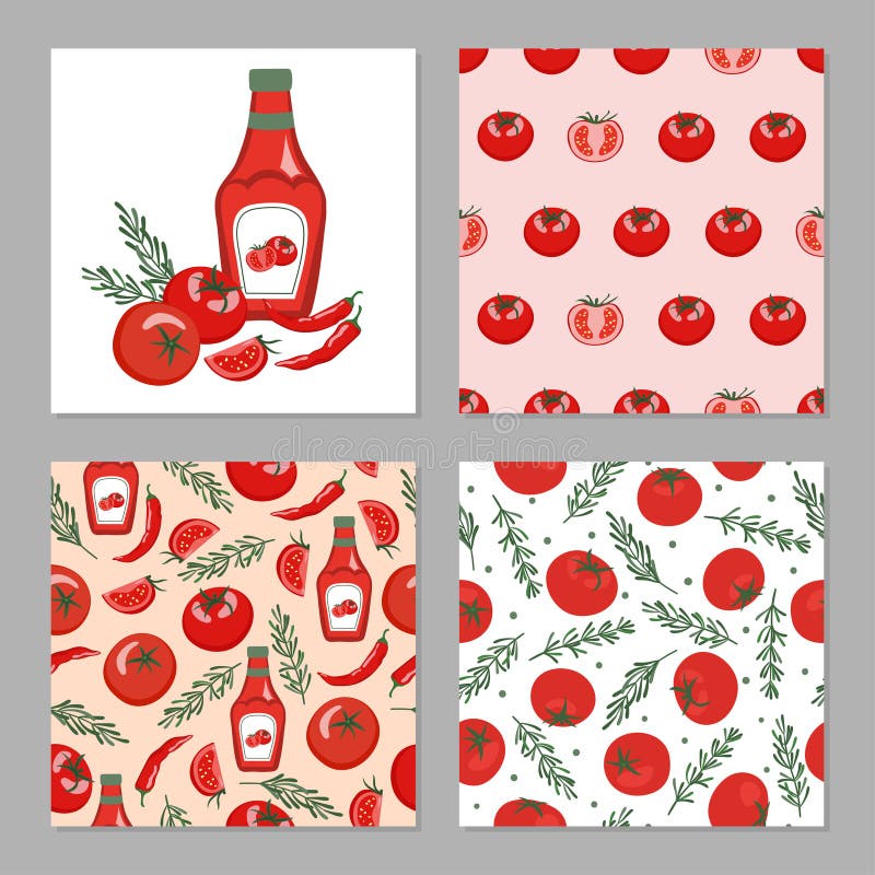 Ketchup Sauce Vector Set. Tomatoes, Chili Pappers Seamless Pattern ...